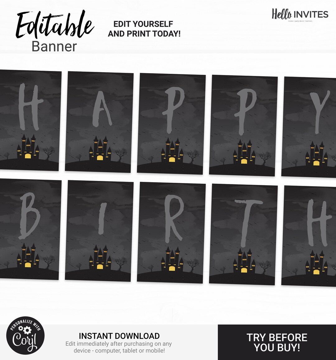 Halloween Editable Happy Birthday Party Banner DIY Party Pack - Etsy
