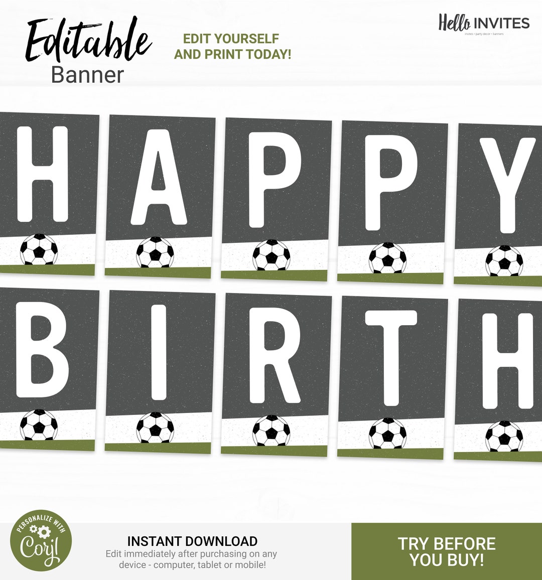 Soccer Editable Happy Birthday Banner Decorations Instant Access Edit ...