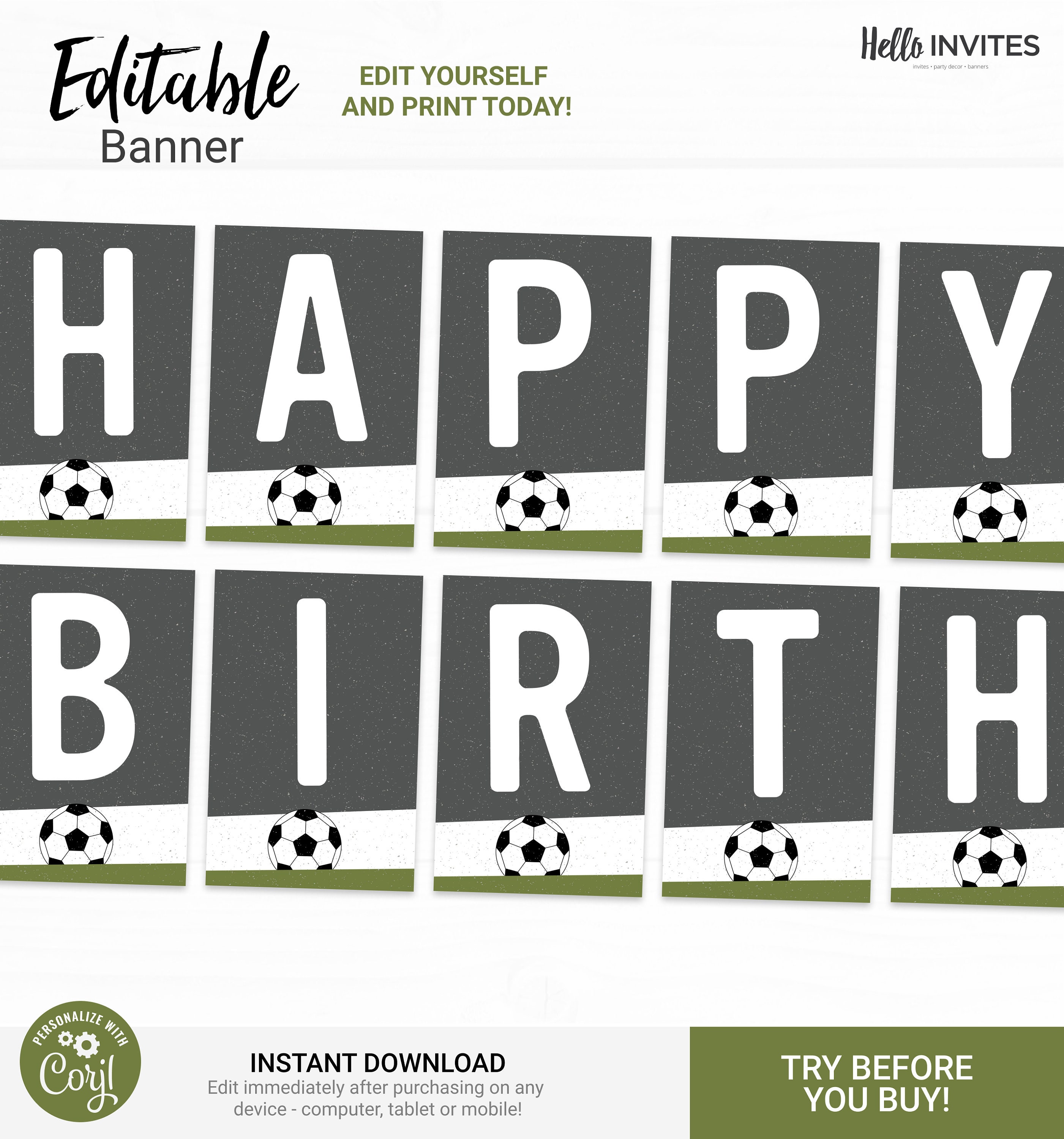Soccer Editable Happy Birthday Banner Decorations Instant Access Edit ...