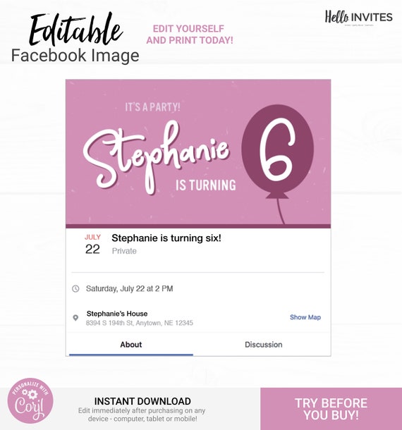 Pink Balloon Facebook Event Birthday Invitation - Instant Access Edit ...