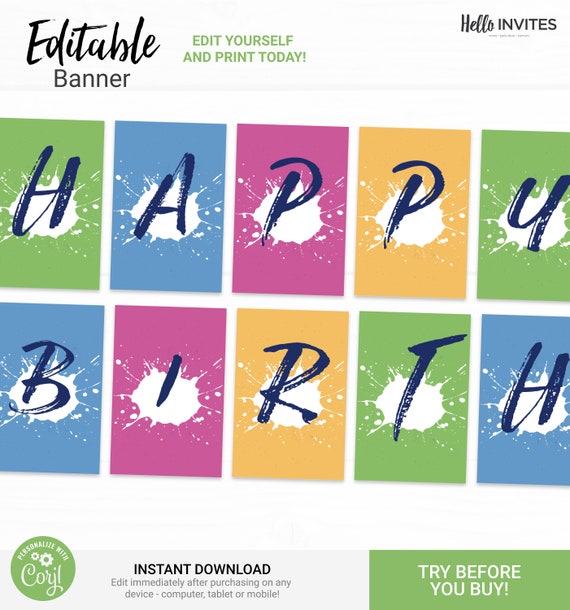 Art Party Editable Happy Birthday Banner Decorations - Instant Access ...