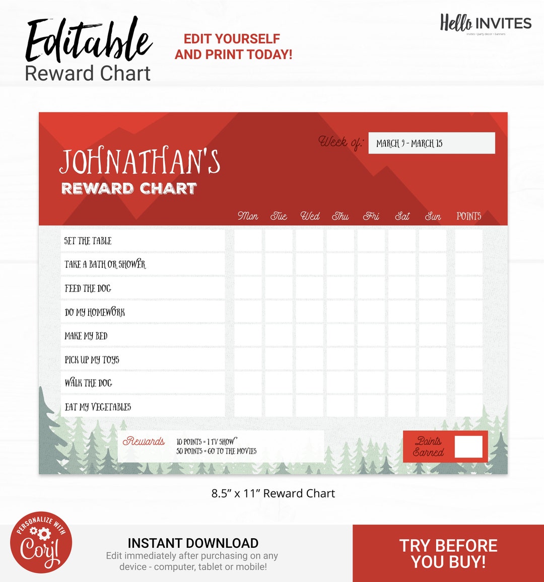 Adventure Awaits Editable Reward Chart Instant Access Edit Now Forest ...