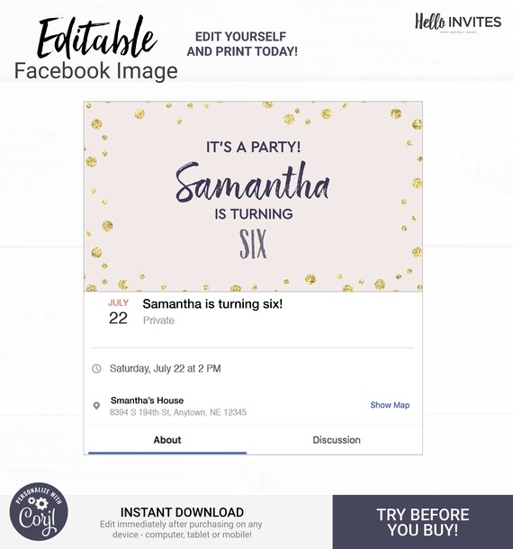 Glam Facebook Event Birthday Invitation - Instant Access Edit Now ...
