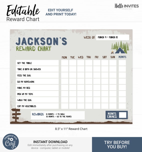 Camping Editable Reward Chart - Instant Access Edit Now - Forest ...