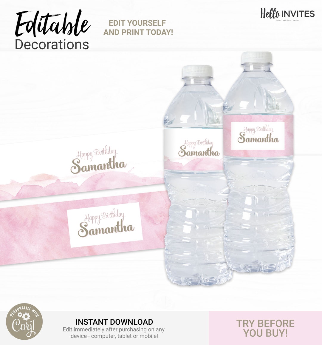 Pink Watercolor Water Bottle Wrapper Birthday Decorations - Etsy