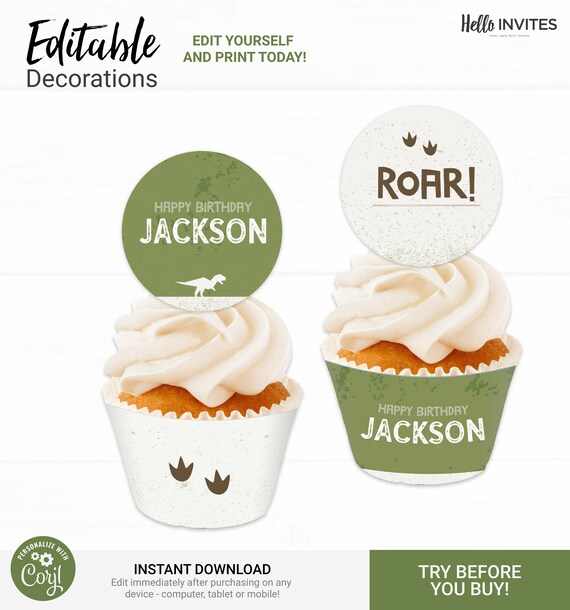 Dinosaur Cupcake Topper and Wrapper Birthday Decorations - Instant ...