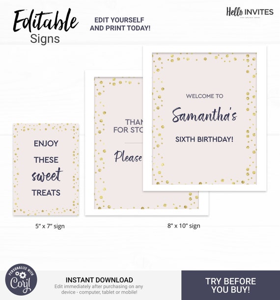 Glam Custom Party Sign Birthday Decorations - Instant Access Edit Now ...