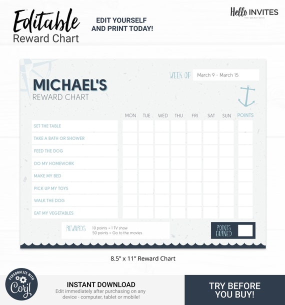 Nautical Editable Reward Chart - Instant Access Edit Now - Ahoy Sailor ...
