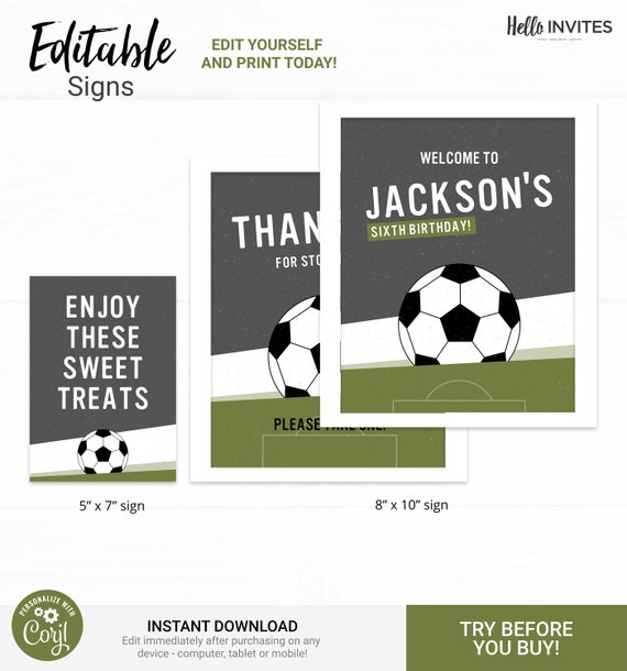 Soccer Custom Party Sign Birthday Decorations - Instant Access Edit Now ...