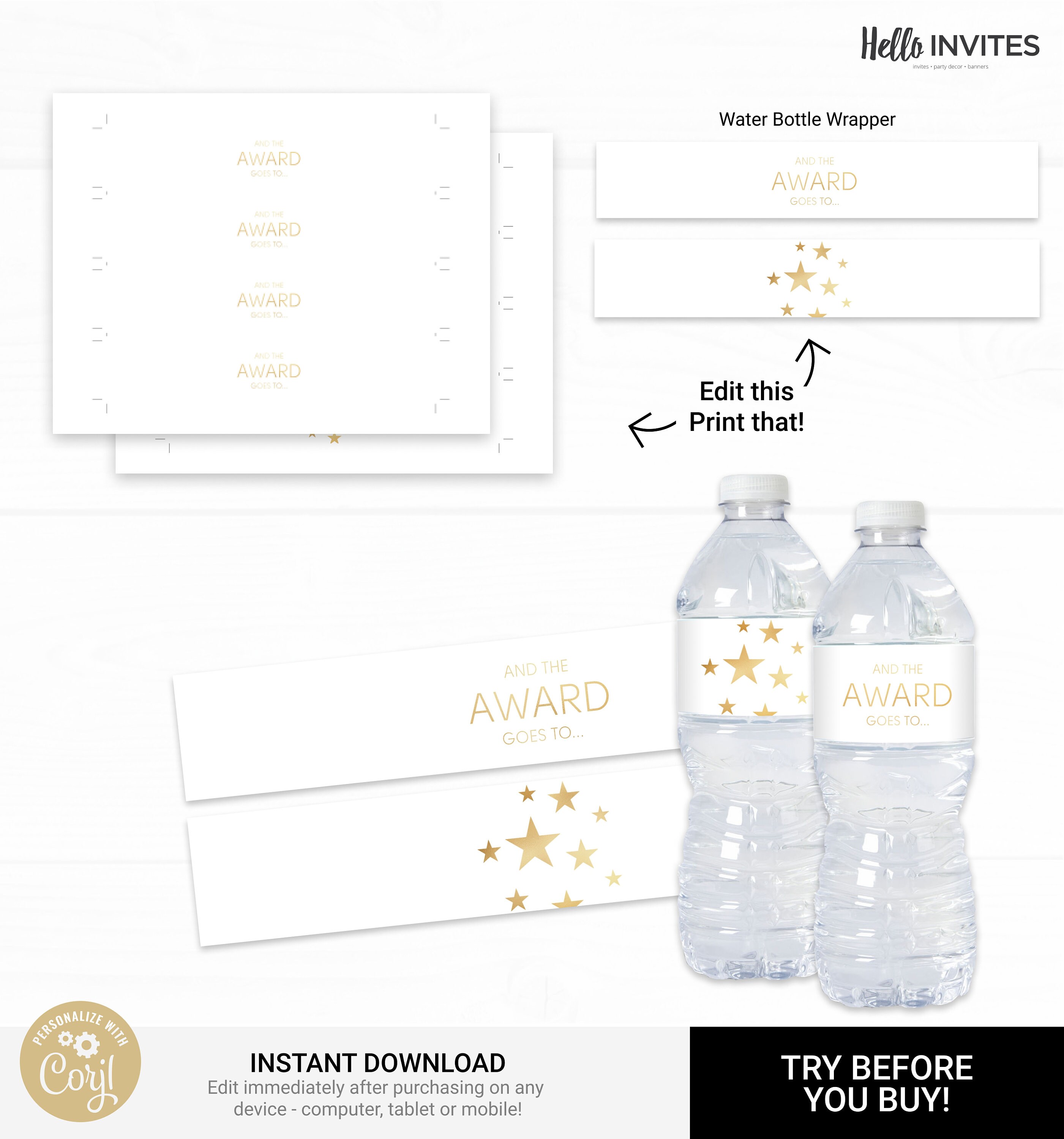 Awards Party Water Bottle Wrapper Instant Access Edit Now - Etsy UK