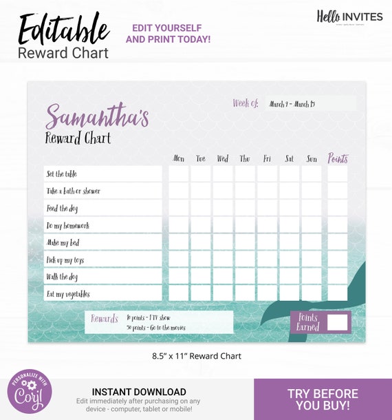 Mermaid Editable Reward Chart - Instant Access Edit Now - Under the Sea ...