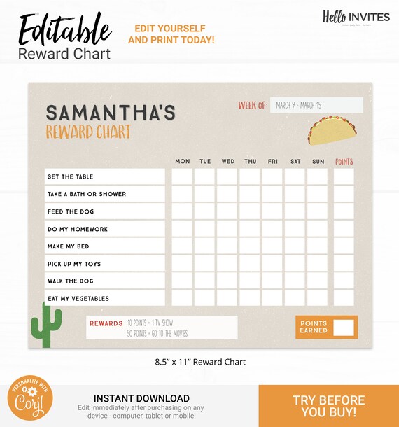 Taco Editable Reward Chart - Instant Access Edit Now - Fiesta Taco ...