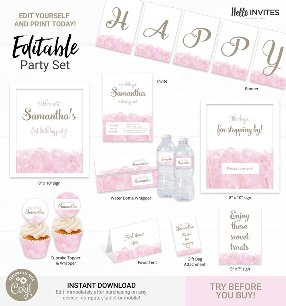 Pink Watercolor Birthday Party Decorations - Instant Access Edit Now ...