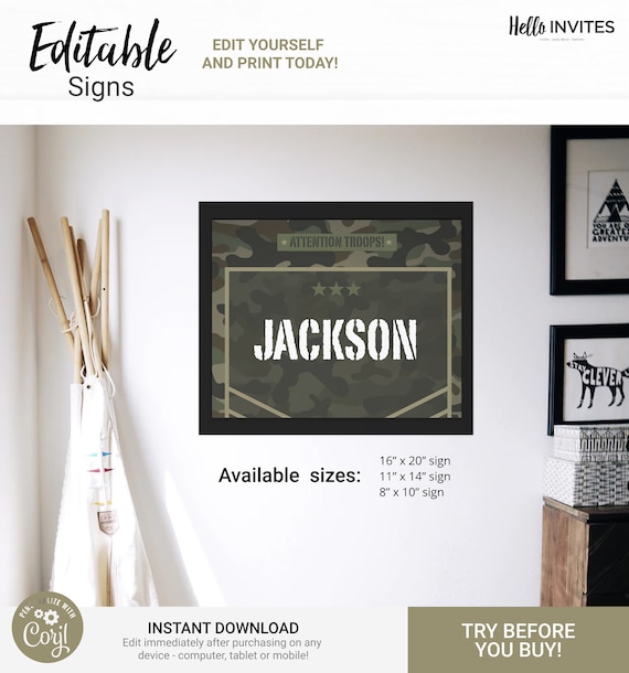 Camo Playroom Bedroom Wall Art - Instant Access Edit Now - Military ...