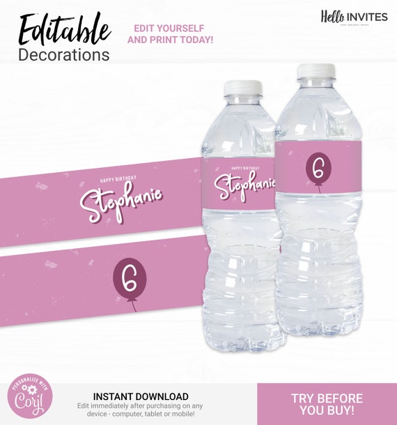 Pink Balloon Water Bottle Wrapper Birthday Decorations - Instant Access ...