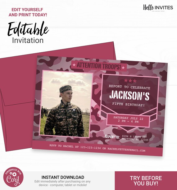 Camo Pink Birthday Invitation - Instant Access Edit Now - Military Army Camouflage Invite ...