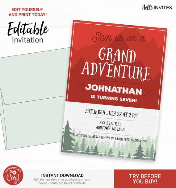 Adventure Awaits Birthday Invitation - Instant Access Edit Now - Forest ...