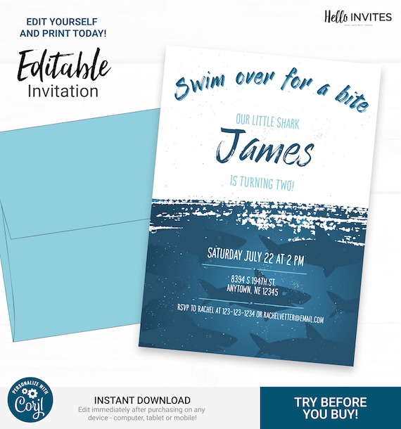 Shark Birthday Invitation - Instant Access Edit Now - Shark Week Pool ...