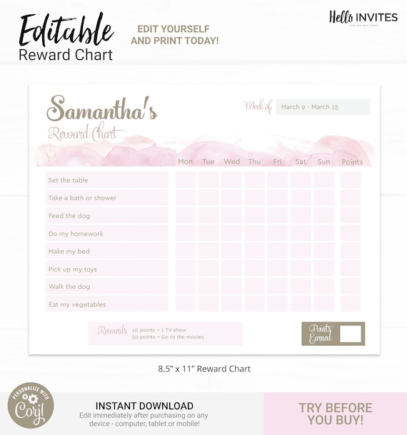 Pink Watercolor Editable Reward Chart - Instant Access Edit Now ...