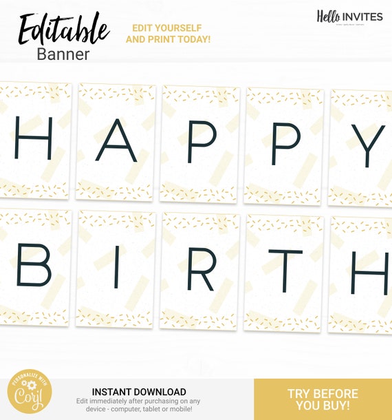 Confetti Editable Happy Birthday Banner Decorations Instant | Etsy