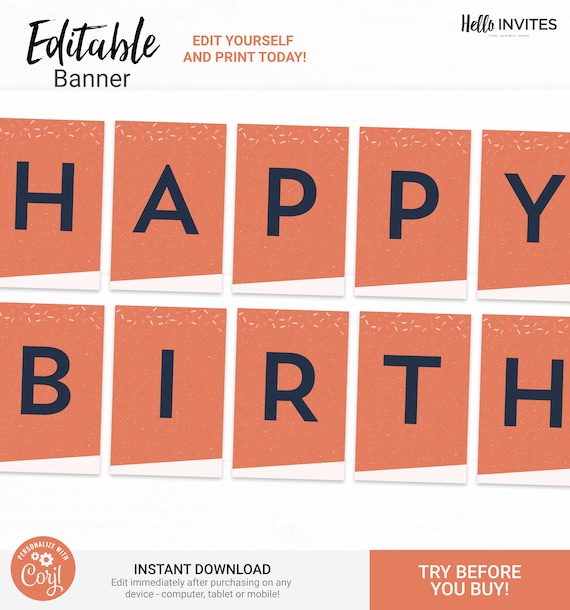Confetti Editable Happy Birthday Banner Decorations - Instant Access ...