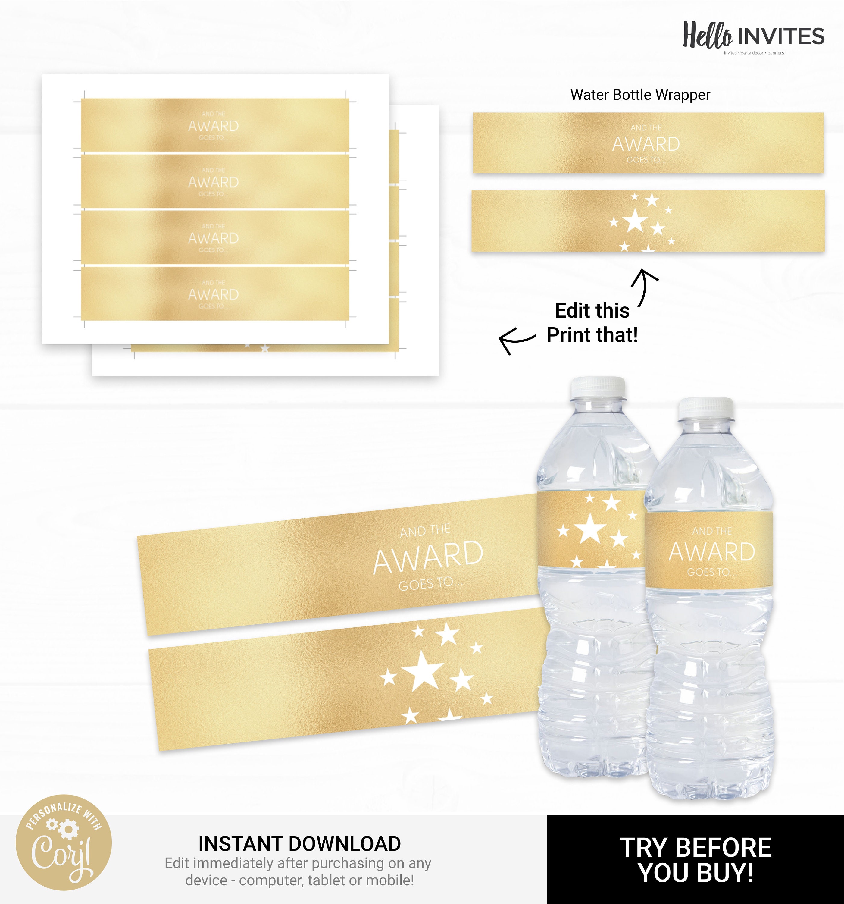 Awards Party Water Bottle Wrapper Instant Access Edit Now - Etsy UK