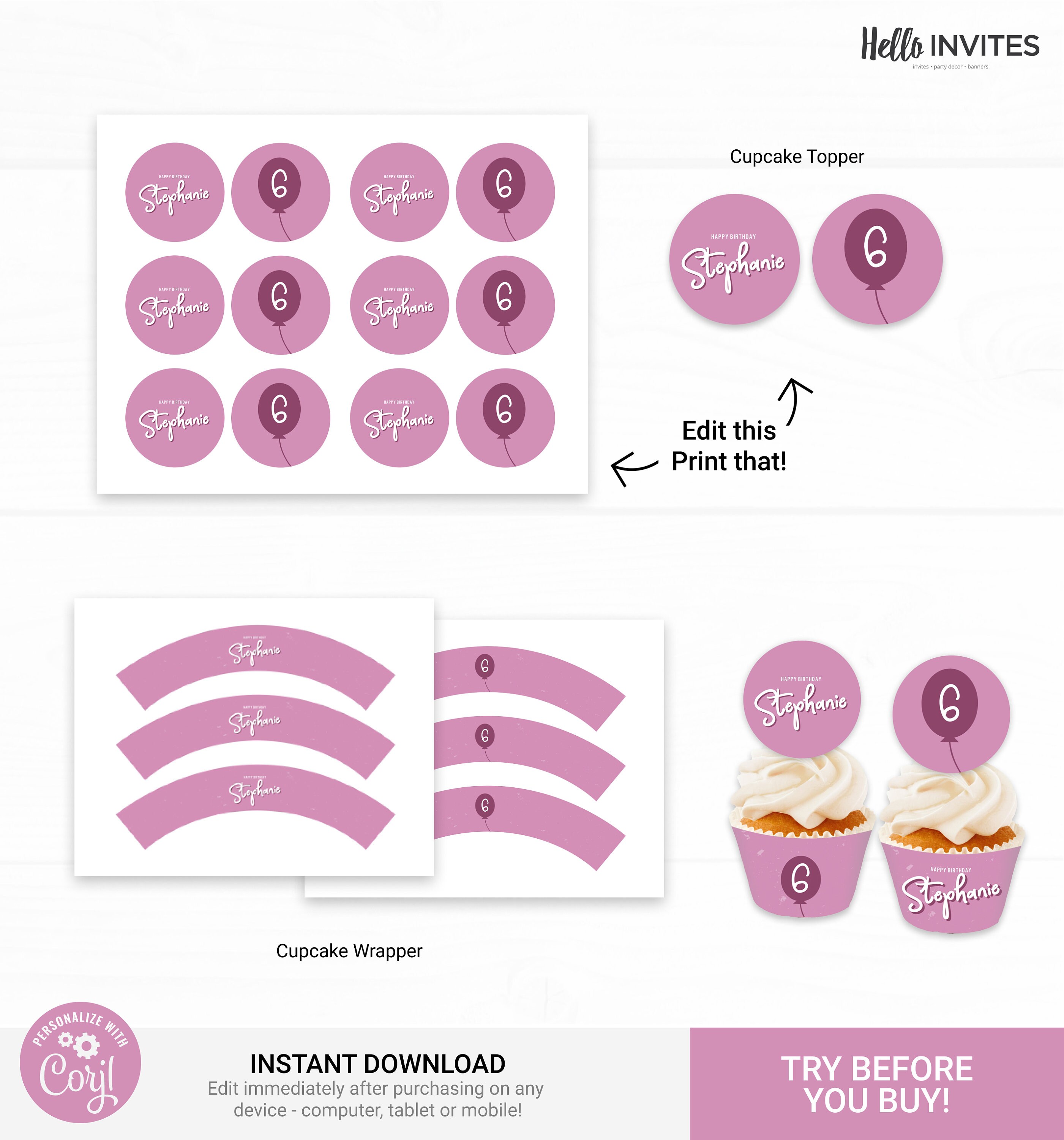 Pink Balloon Cupcake Topper and Wrapper Birthday Decorations Instant ...