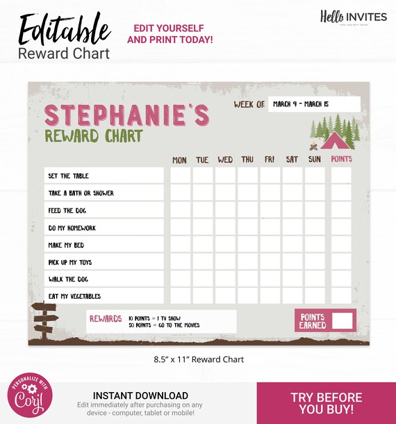 Camping Editable Reward Chart - Instant Access Edit Now - Forest ...