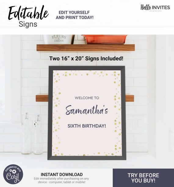 Glam Custom Party Sign Birthday Decorations - Instant Access Edit Now ...
