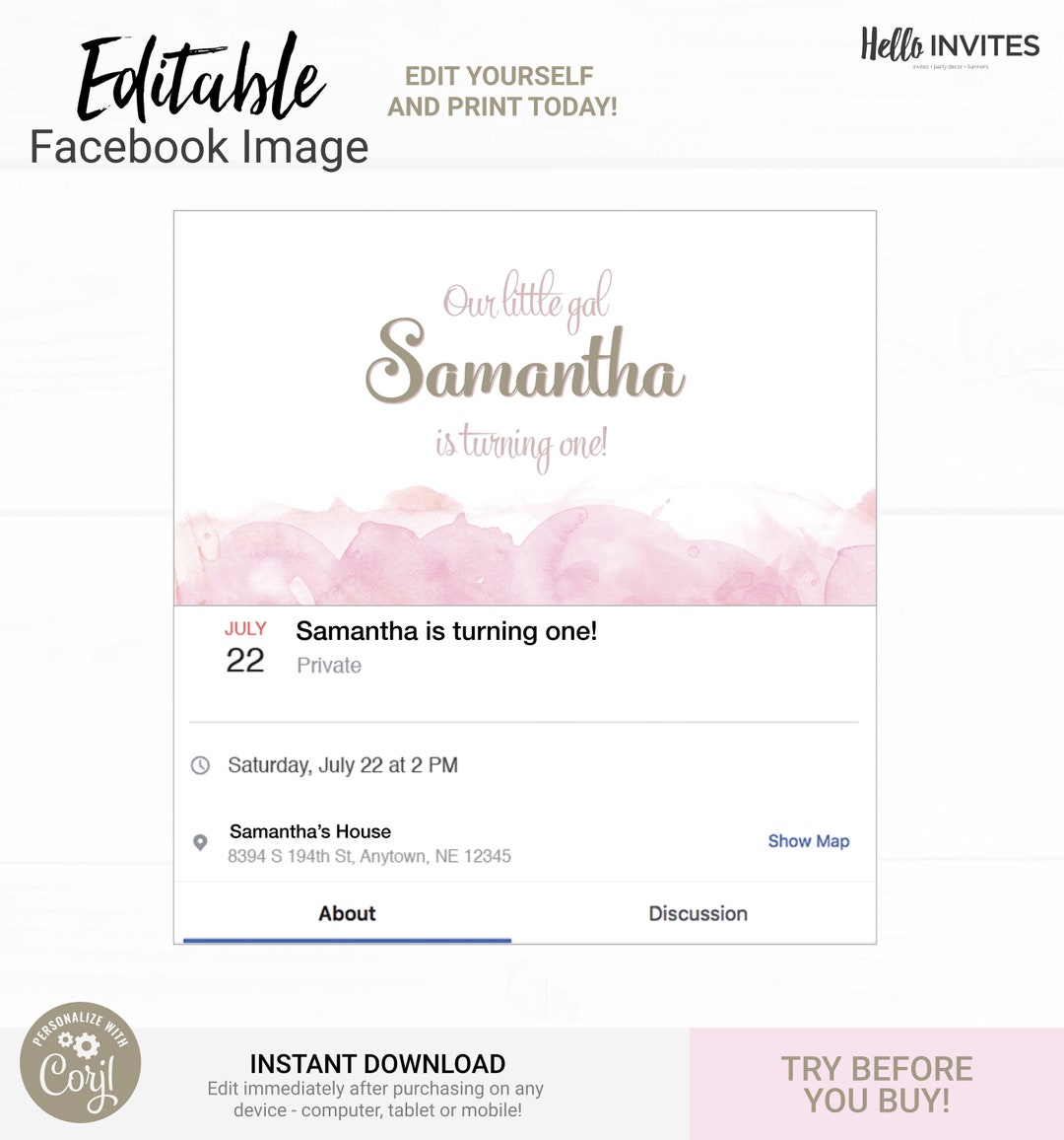 Pink Watercolor Facebook Event Birthday Invitation Instant Access Edit ...