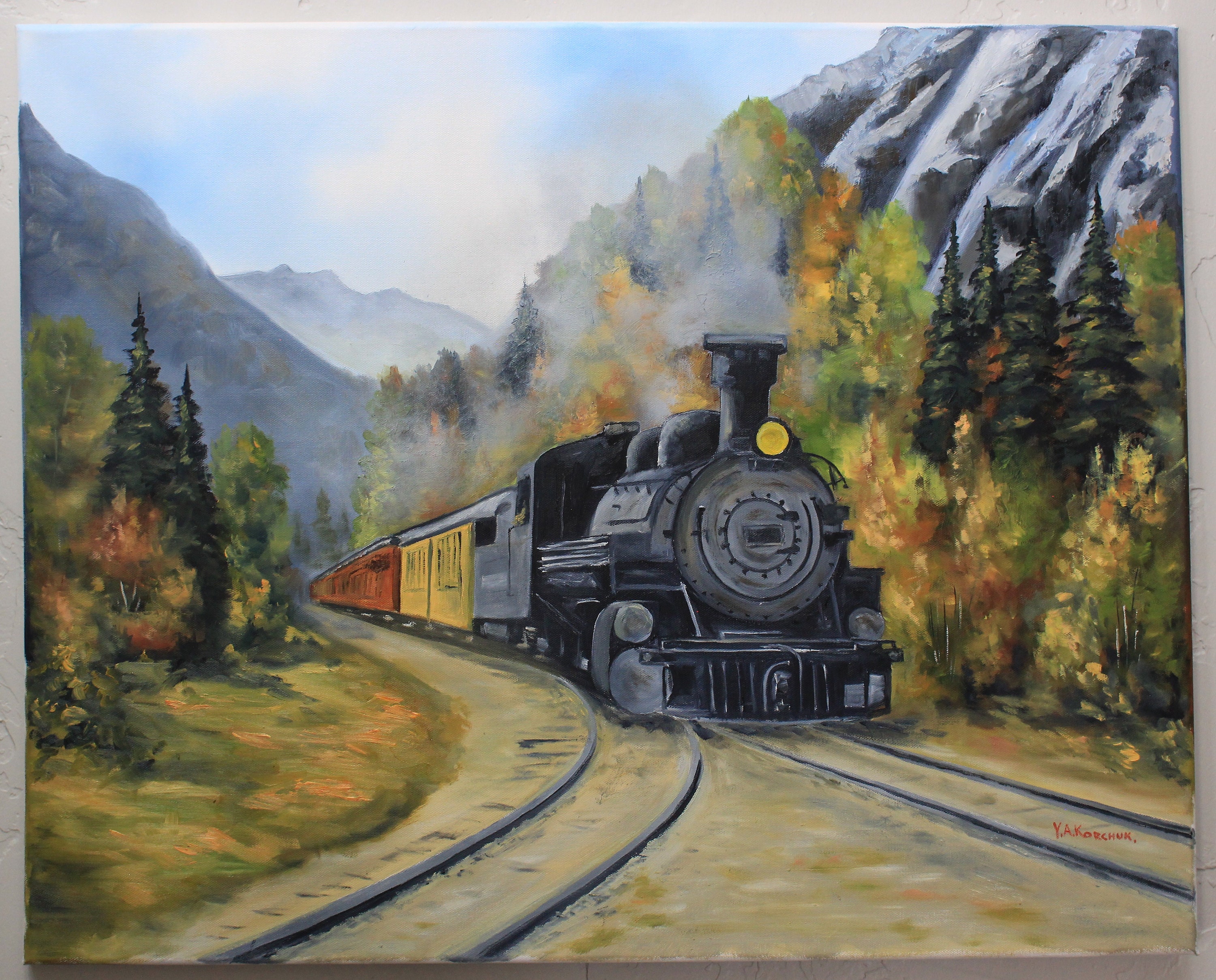 Oil Painting Locomotive Steam Train Mountains Landscape Original Signed ...
