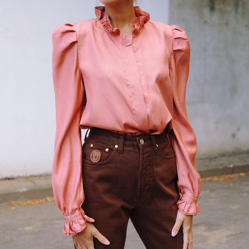 80s Peach Blouse 70s Ruffle Collar Pink Top Vintage Salmon - Etsy
