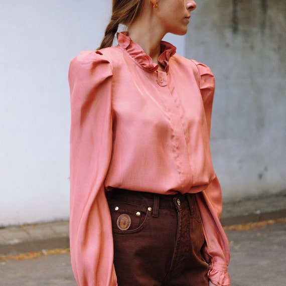 80s Peach Blouse 70s Ruffle Collar Pink Top Vintage S… - Gem