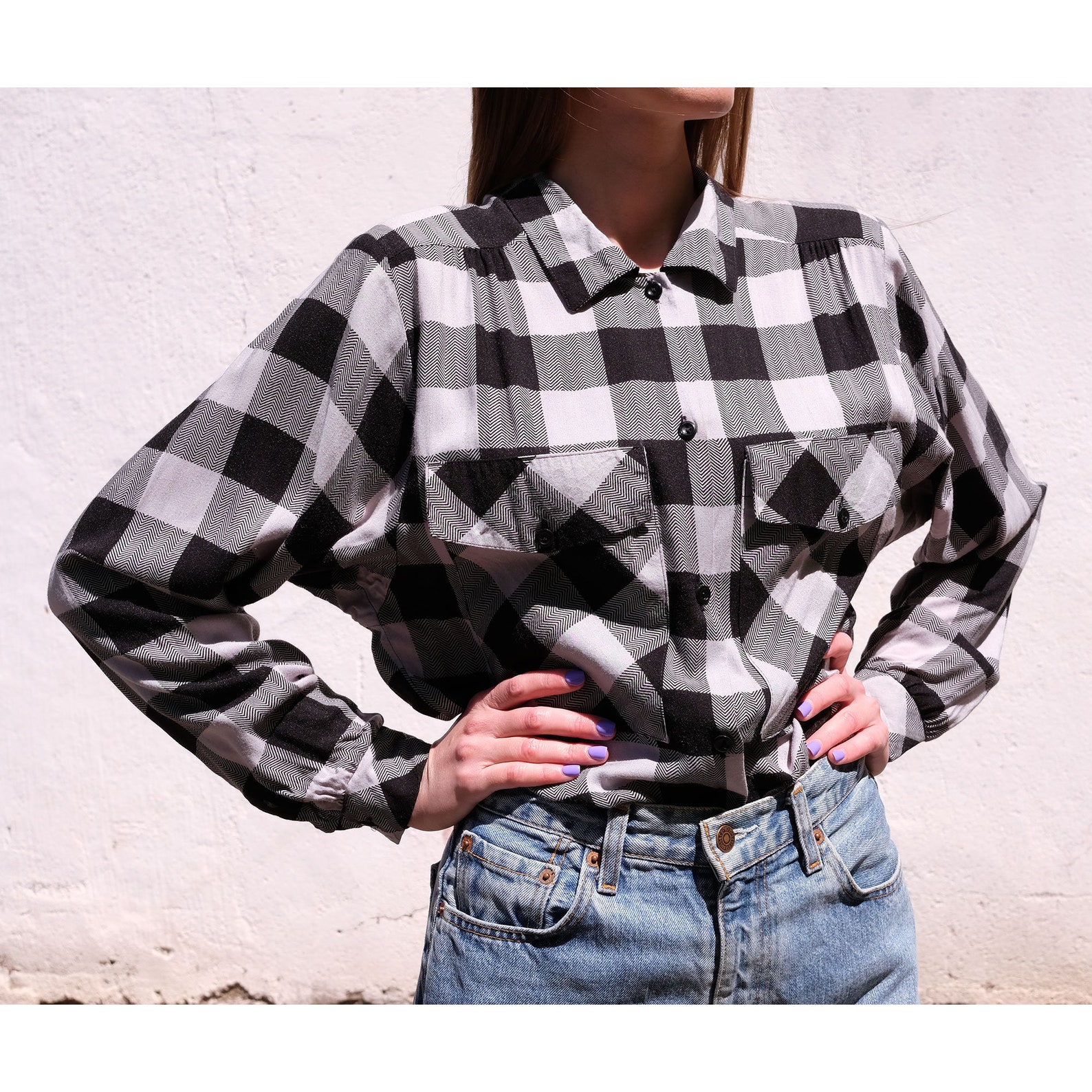 Checkered Shirt Vintage 90s Plaid Top Grey Black Viscose Blouse Button ...