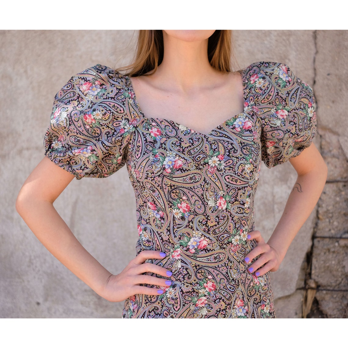 Vintage 80s Puff Sleeve Cute Dress 90s Floral Print Paisley Pattern Mini Dress Sweatheart