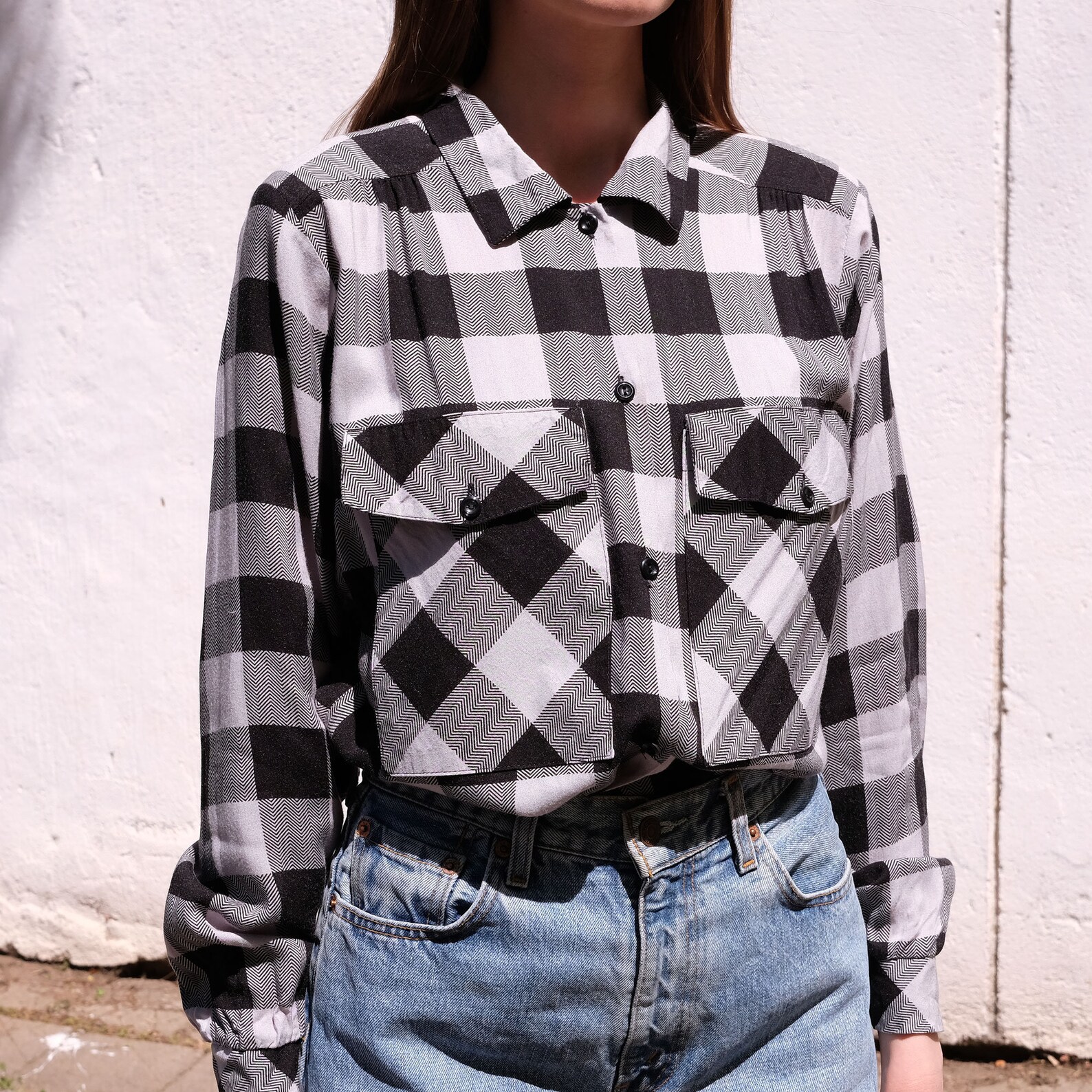 Checkered Shirt Vintage 90s Plaid Top Grey Black Viscose Blouse Button ...