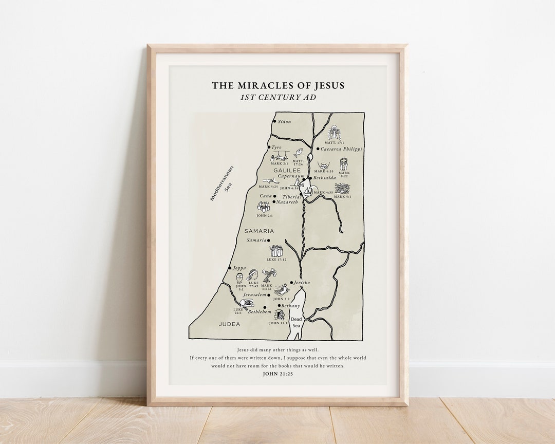 Map of Jesus' Miracles, Map of Israel, Holy Land Map, Modern Minimalist ...