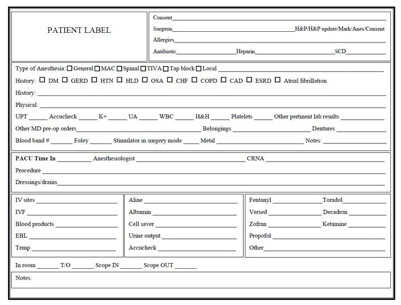 Nurse's Report Sheet for PACU Nurses - Etsy