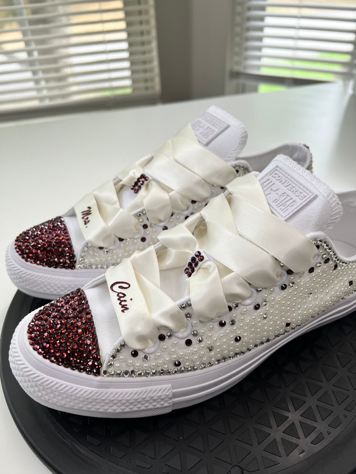 Womens Custom Converse Bling, Diamonds and Pearls, Wine Color Wedding ...