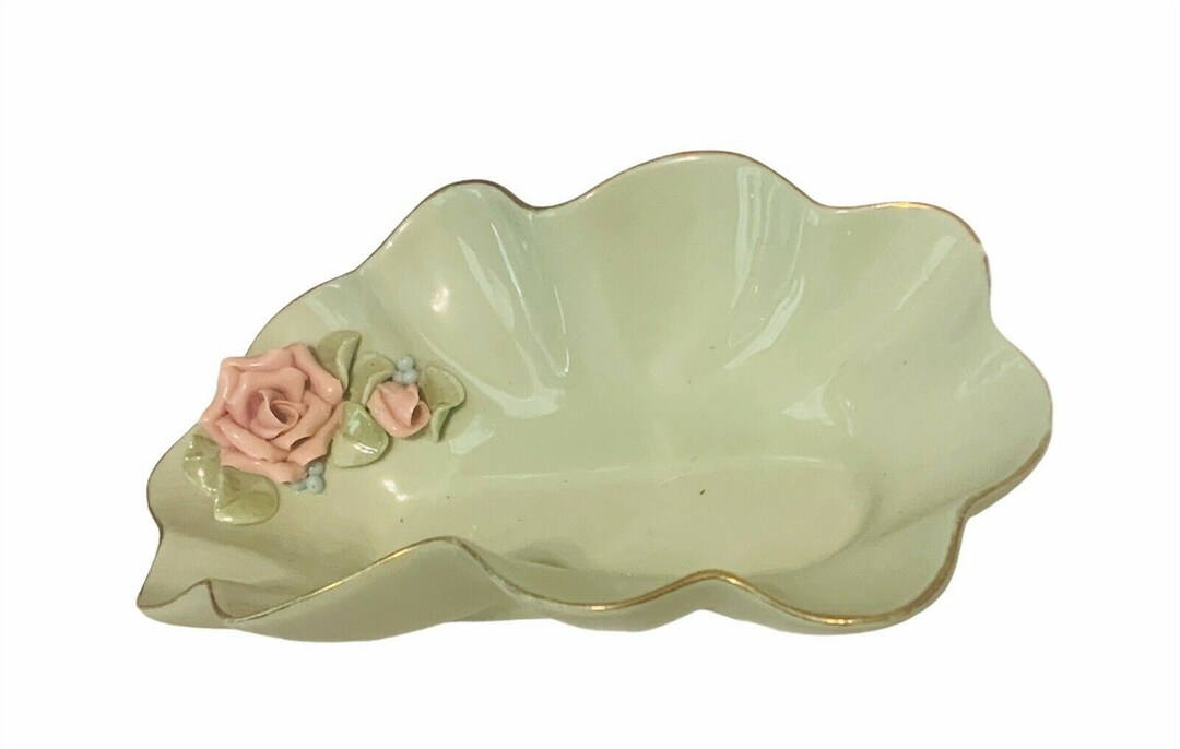 Beebe California Pottery Porcelain Avocado Green Bowl Rose Flower Candy ...