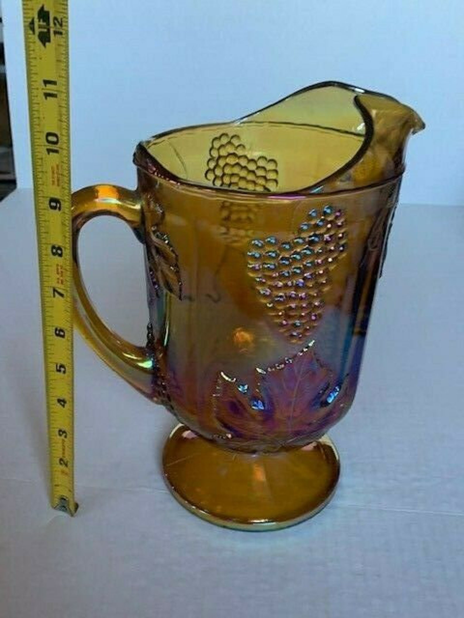Carnival Glass Pitcher Antique Vtg 11" Large Opalescent Decor Grapevine ...