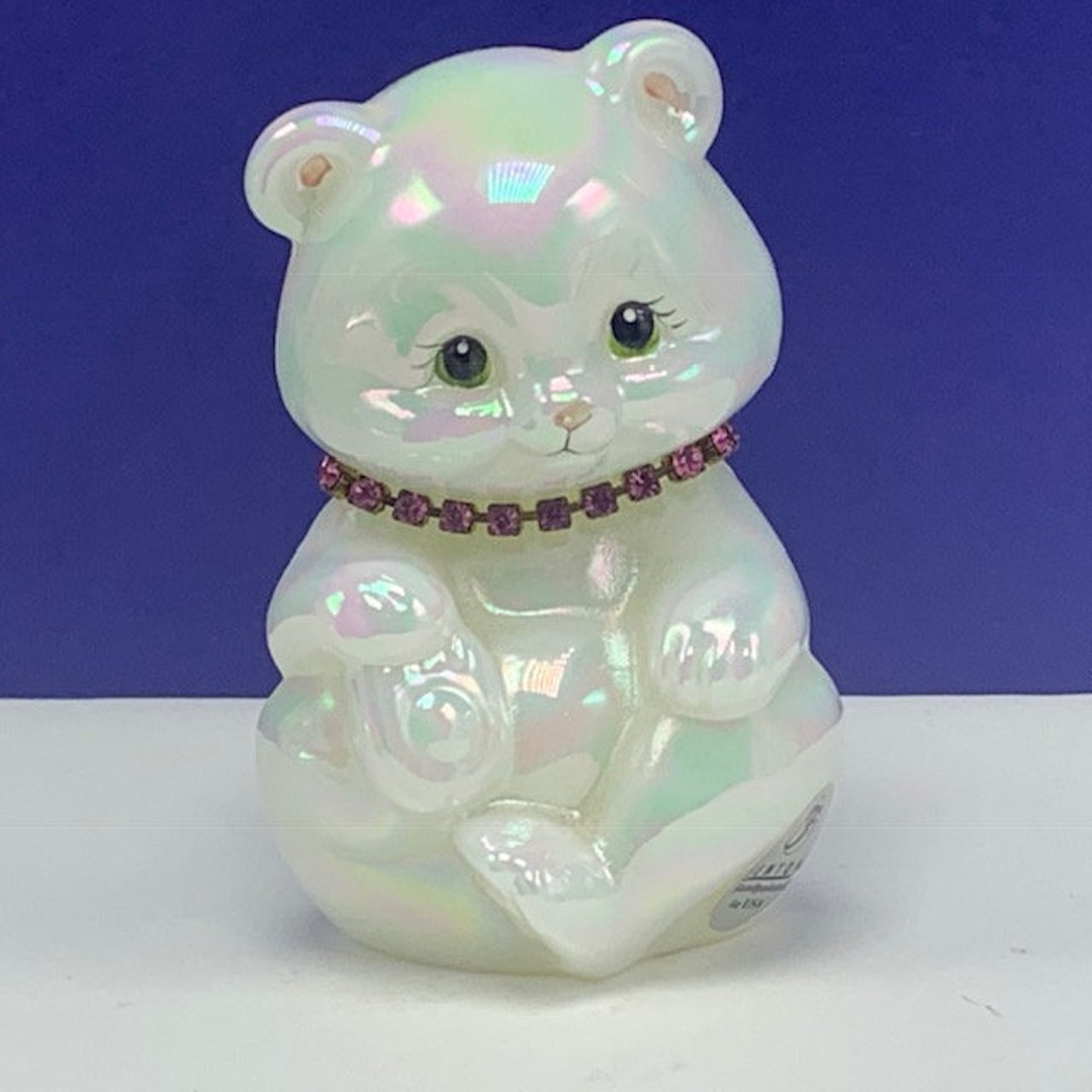 FENTON TEDDY BEAR Vintage Birthday Glass Figurine Sculpture Opalescent ...
