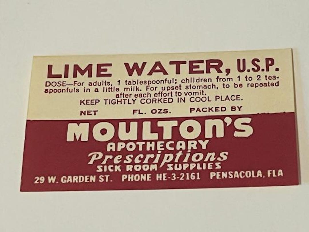 Pharmacy Label Vtg WW1 Era Drugstore Moultons Lime Water Pensacola ...