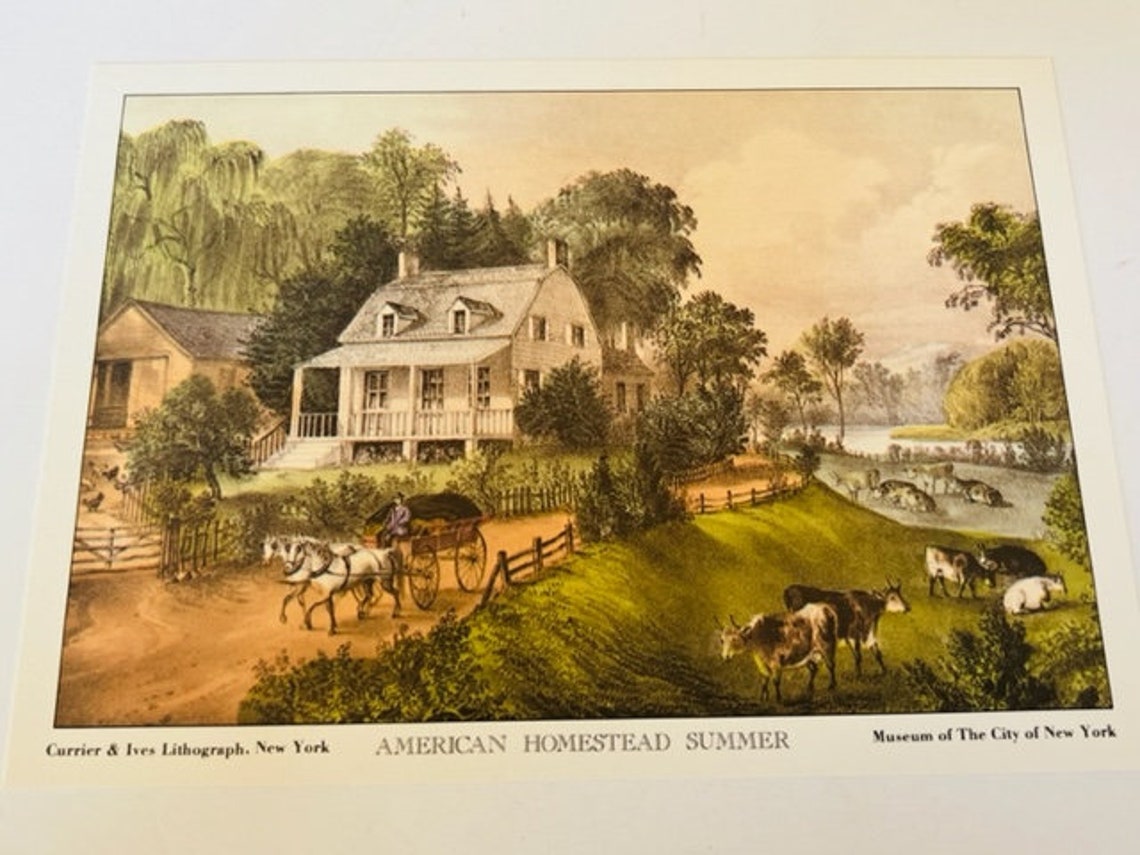 Currier Ives Lithograph Vtg Art Print American Homestead 7X5 New York ...