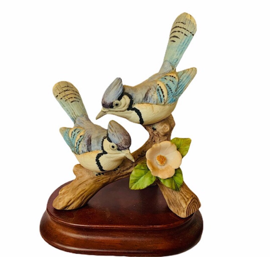 LEFTON BLUE JAY Figurine Vtg Porcelain Sculpture Flower Floral Bluejay ...