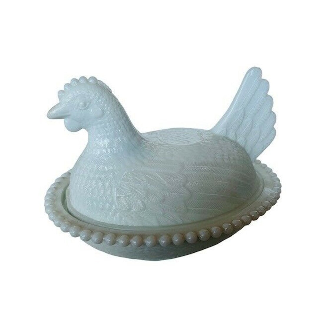 Milk Glass Hen Chicken Rooster Nesting Vtg Nest Hobnail Farm Figurine ...