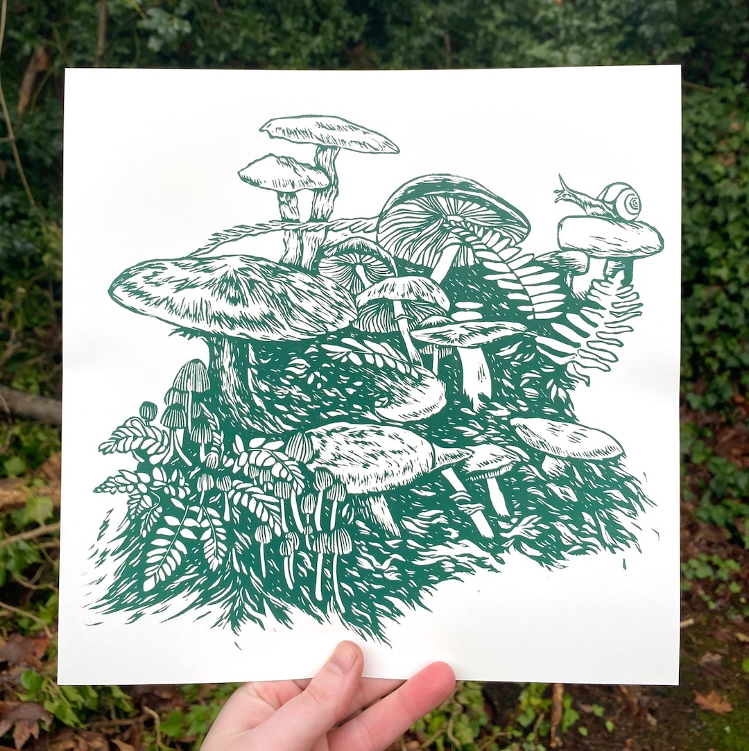 MUSHROOM ART PRINT, Mushroom Print, Mushroom Linocut, Printmaking ...