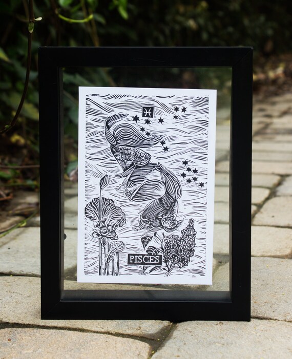 Star Sign Art Handmade Zodiac Sign Aquarius Goddess Linocut Relief ...