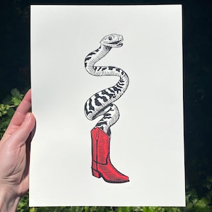 SNAKE in BOOT PRINT, Linocut, Print, Block Print, Snake, Snake Art ...
