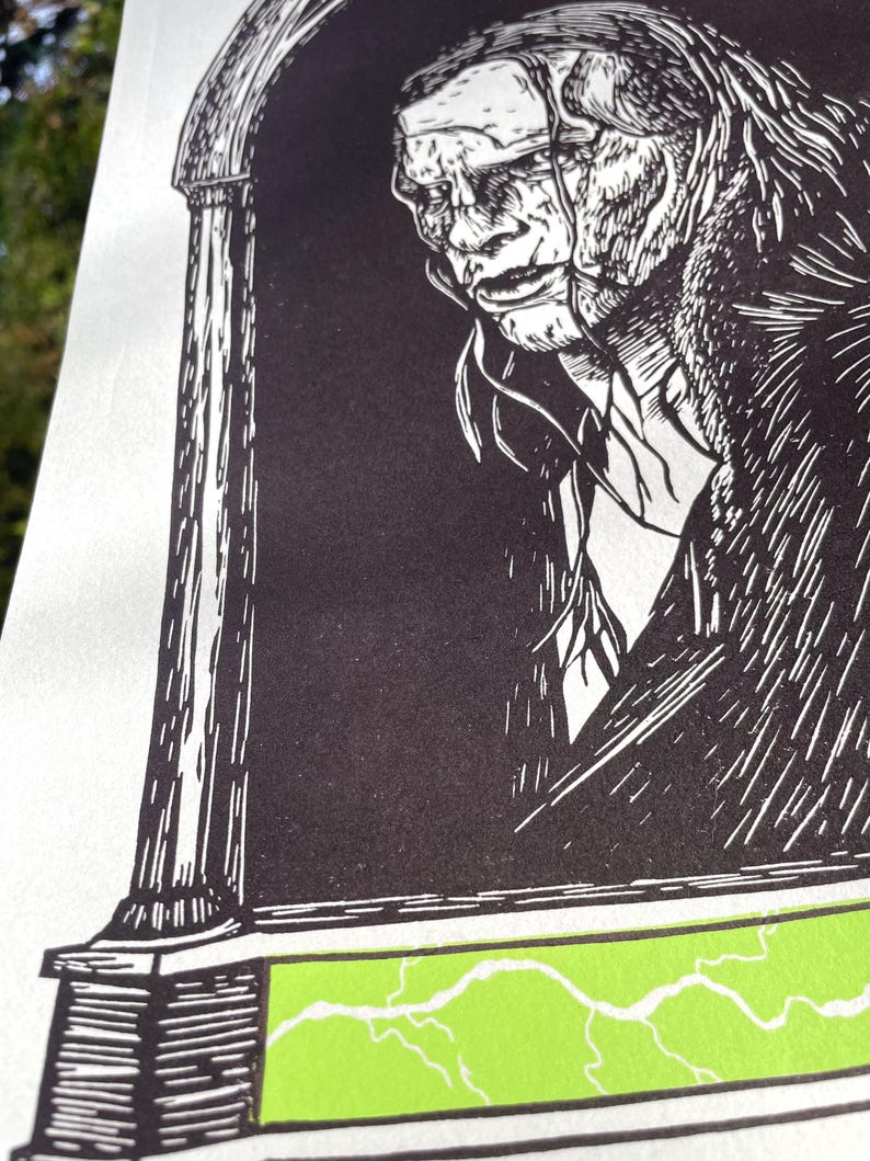 FRANKENSTEIN LINOCUT PRINT, Frankenstein's Monster, Creature, Guillermo ...